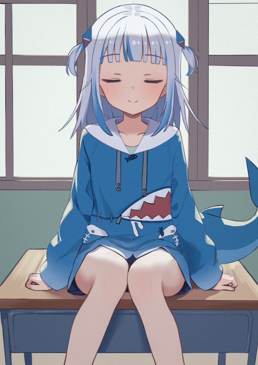 Safebooru - 1girl absurdres animal costume blue hair blue hoodie closed eyes closed mouth desk ...