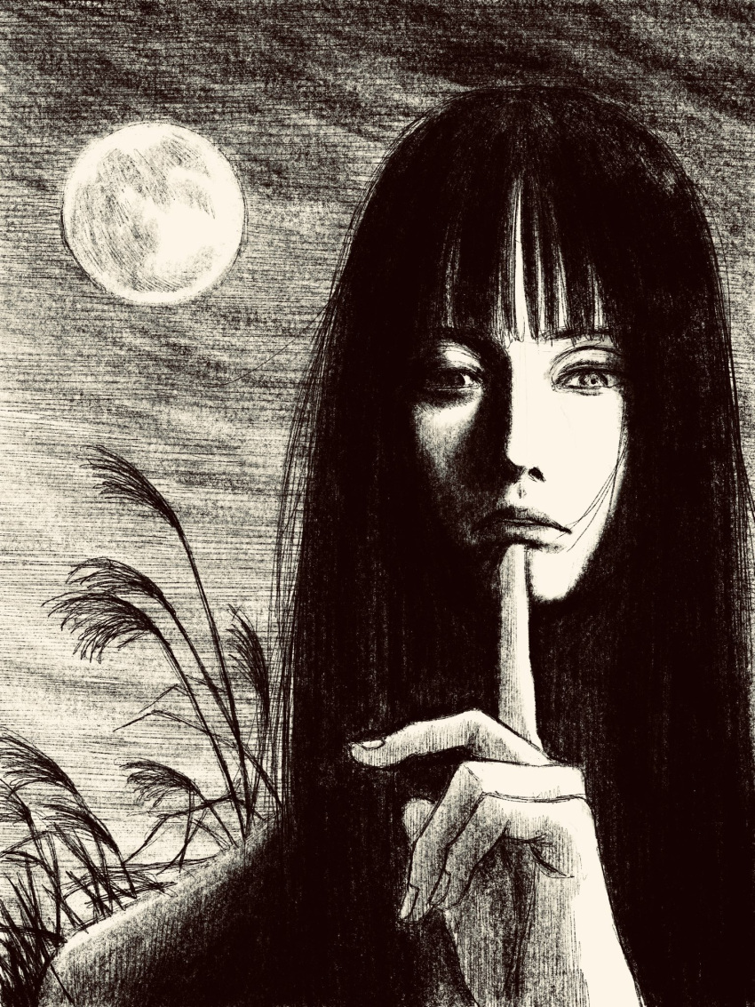 Safebooru - 1girl black hair full moon greyscale highres index finger raised long hair looking ...