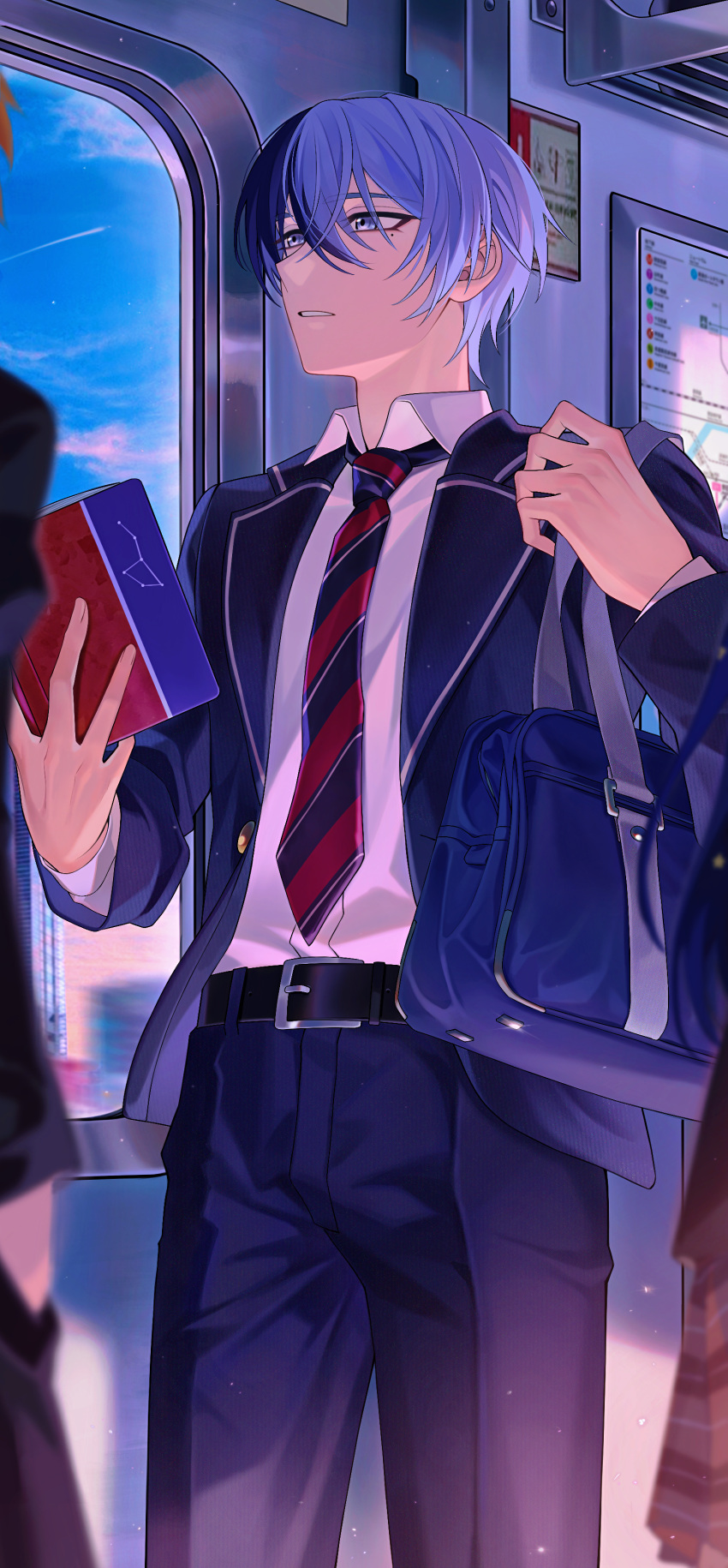 Safebooru - 1girl 2boys absurdres aoyagi touya bag belt black hair black jacket black necktie ...