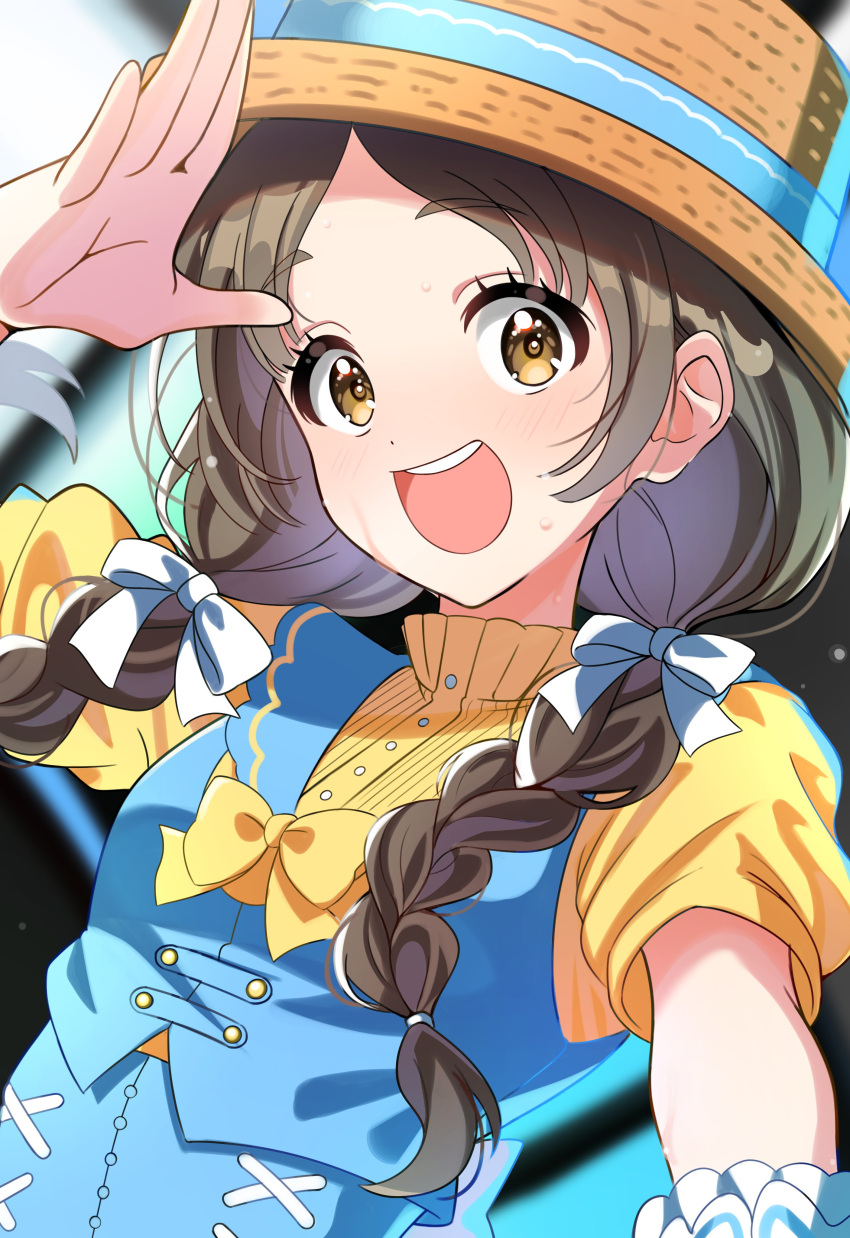 Safebooru - 1girl absurdres blue shirt blue skirt bow braid brown hair brown hat gakuen ...