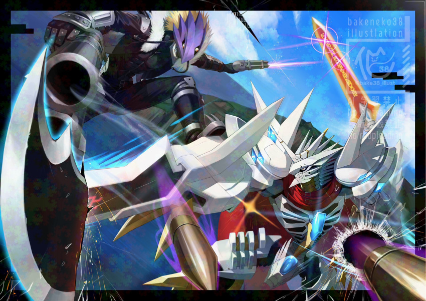 Safebooru - 2boys arm blade bakeneko38 battle beelzebumon black jacket ...