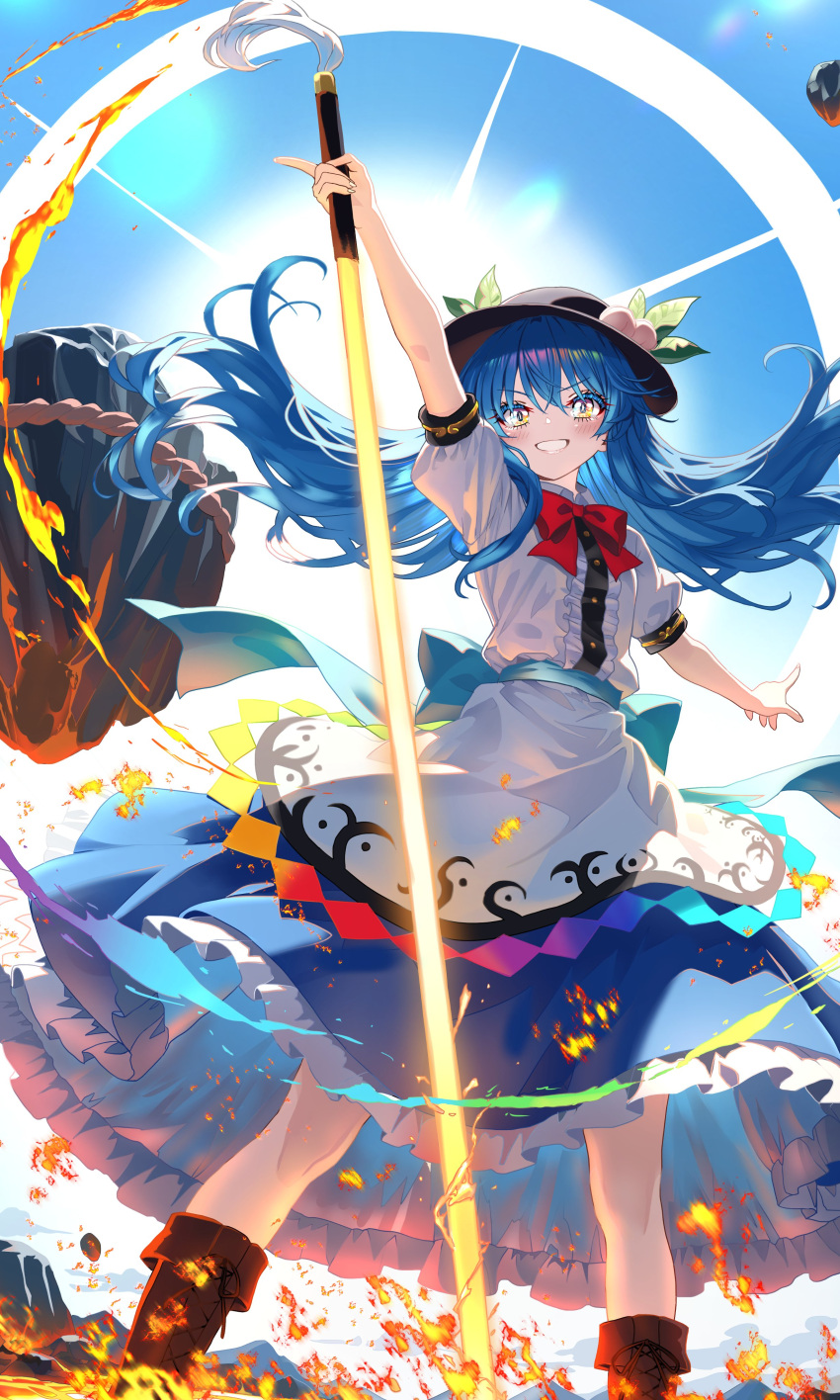 Safebooru - 1girl absurdres black hat blue hair blue skirt blue sky bow bowtie brown shoes ...