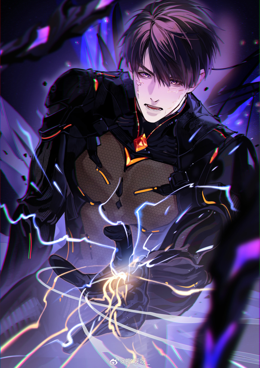 Safebooru - 1boy abs alternate costume bare pectorals black gloves brown hair caleb (love and ...