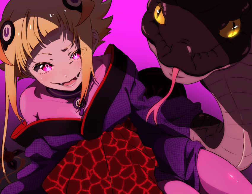 Safebooru - 1girl :d blonde hair capella emerada lugnica collarbone colored sclera fangs forked ...