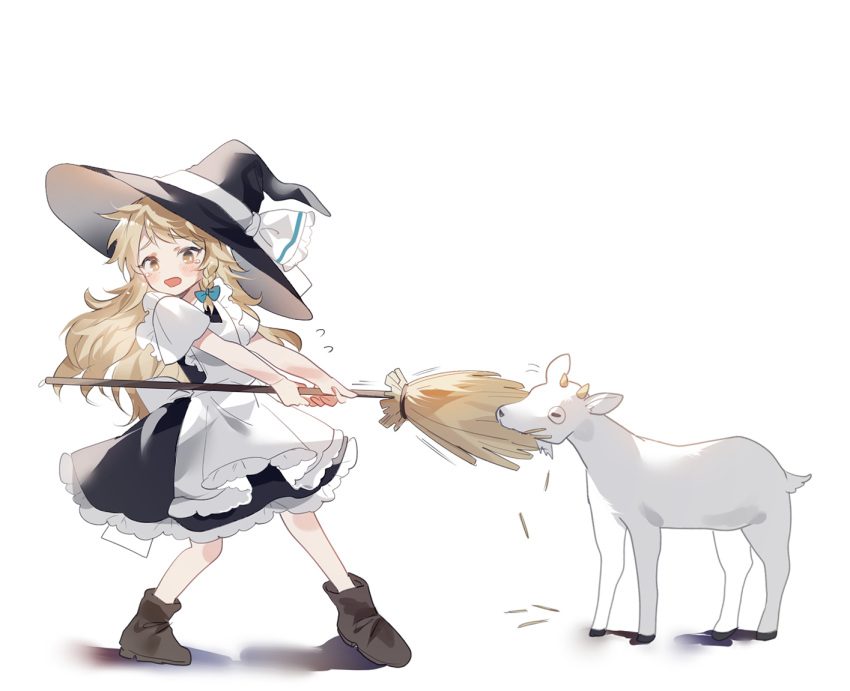 Safebooru - 1girl apron blonde hair blush boots braid broom commentary request flying sweatdrops ...