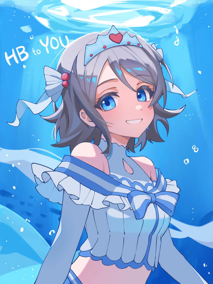 Safebooru - 1girl air bubble bare shoulders birthday blue eyes blush breasts brown hair bubble ...