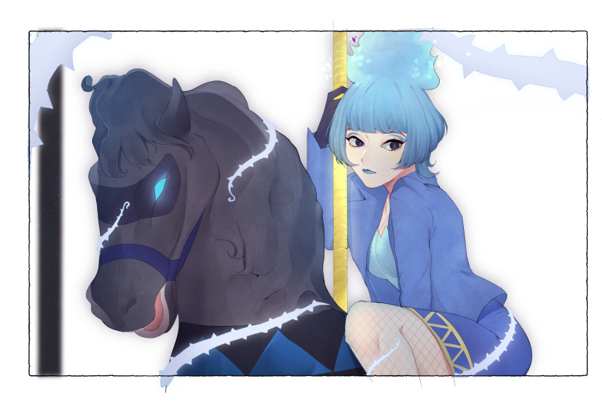 Safebooru - 1girl animification black gloves blue fire blue hair blue lips carousel closed mouth ...