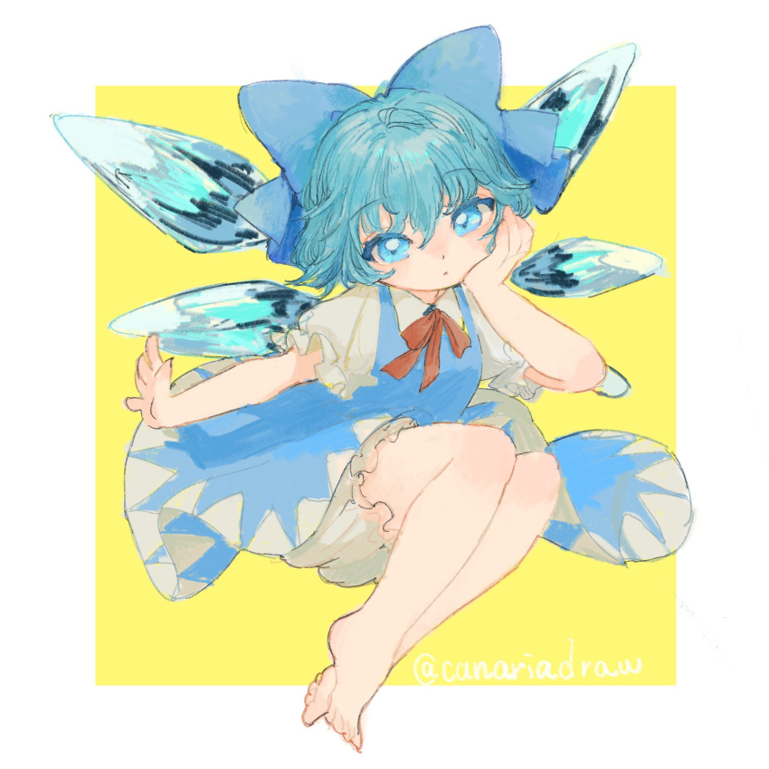 Safebooru - 1girl aqua hair bare legs barefoot blue bow blue dress blue eyes border bow ...