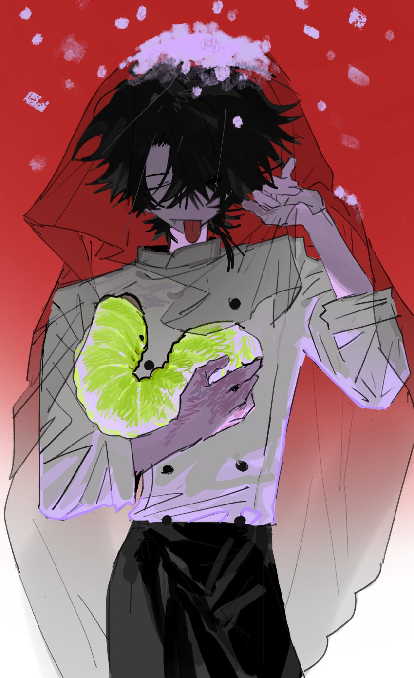 Safebooru - 1boy animal black hair bug buttons closed eyes cowboy shot double-breasted fang fang ...