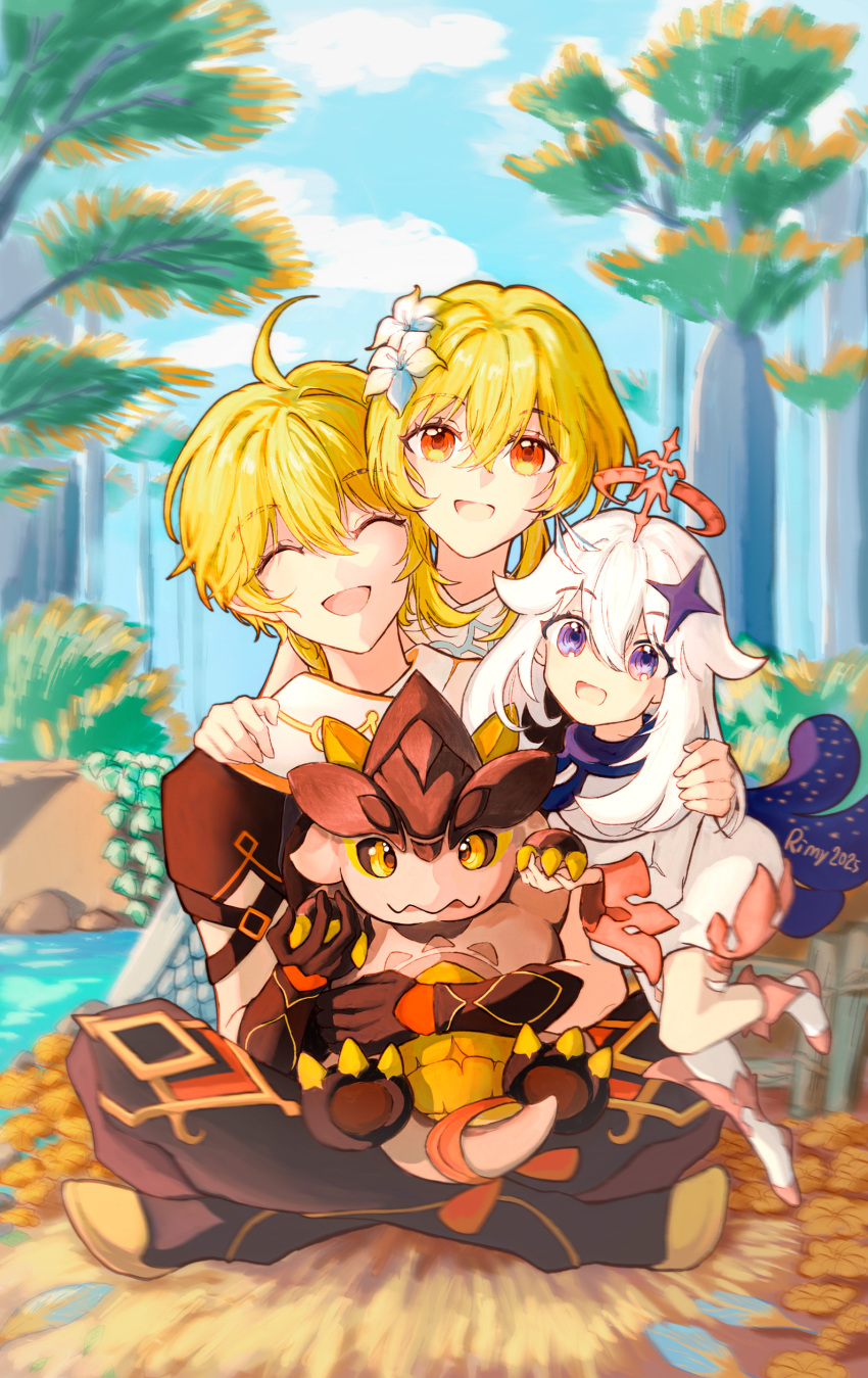 Safebooru - 1boy 2girls absurdres aether (genshin impact) ahoge animal ...