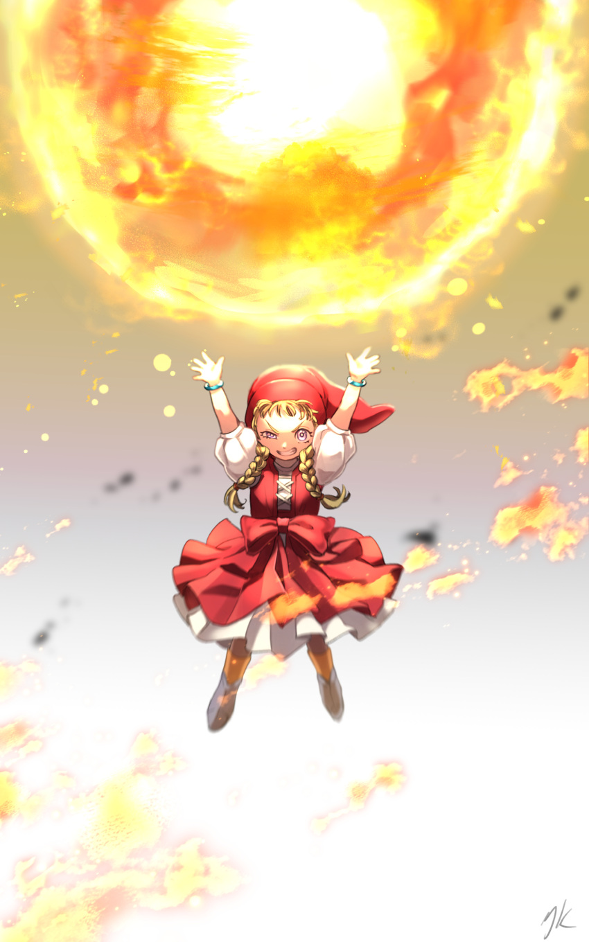 Safebooru - 1girl 29000 absurdres arms up blonde hair bow braid bright ...