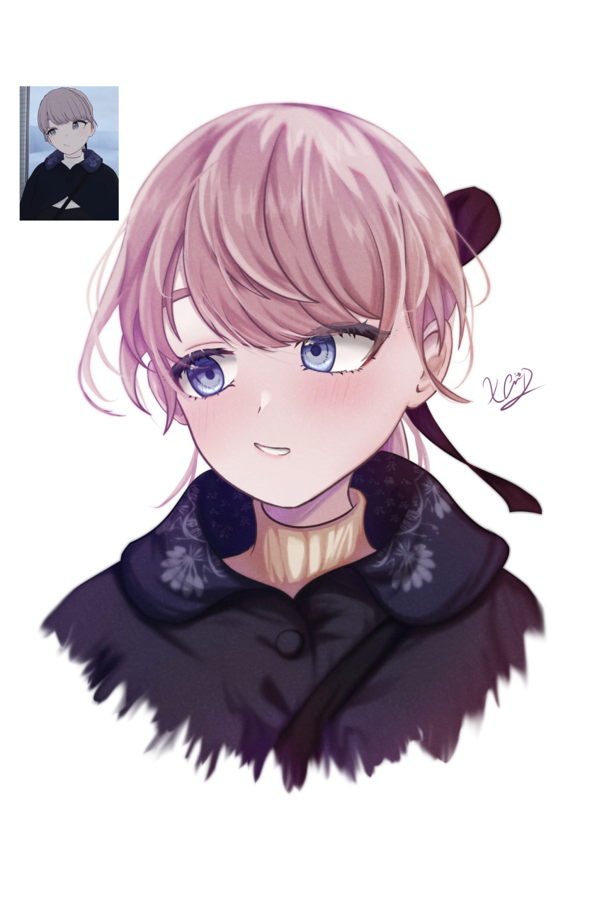 Safebooru - 1girl black ribbon blue eyes blush brown hair cropped shoulders english commentary ...