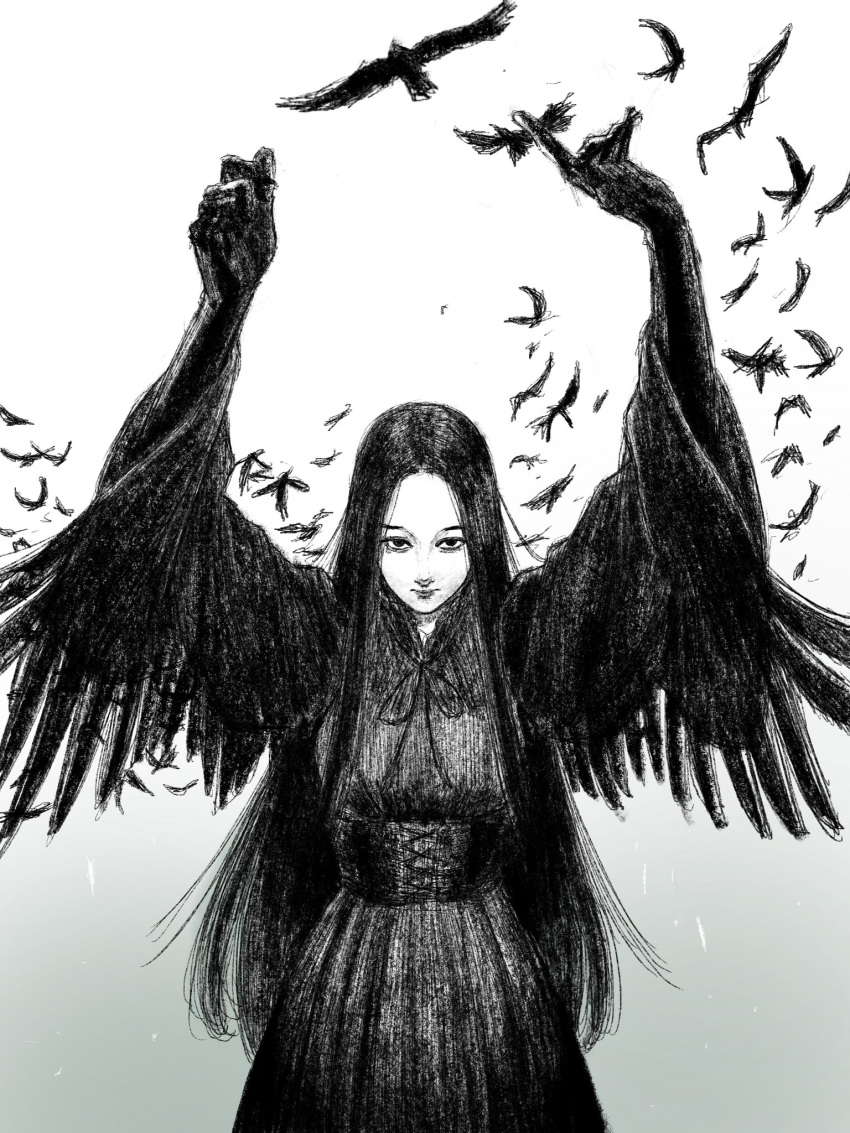 Safebooru - 1girl bird bird wings black dress corset dress flock highres hood hood down long ...