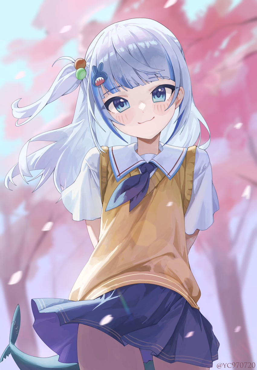 Safebooru - 1girl absurdres arms behind back blue eyes blue hair blue neckerchief blue skirt ...
