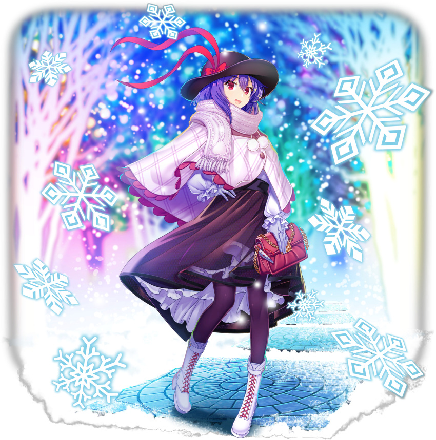 Safebooru - 1girl :d adapted costume bag black hat black skirt boots bow capelet commentary ...