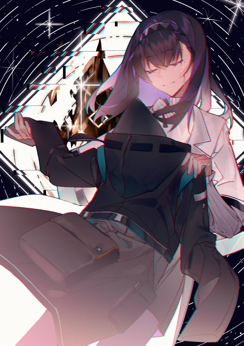 Safebooru - 1girl absurdres arknights black coat black hair black hairband chromatic aberration ...
