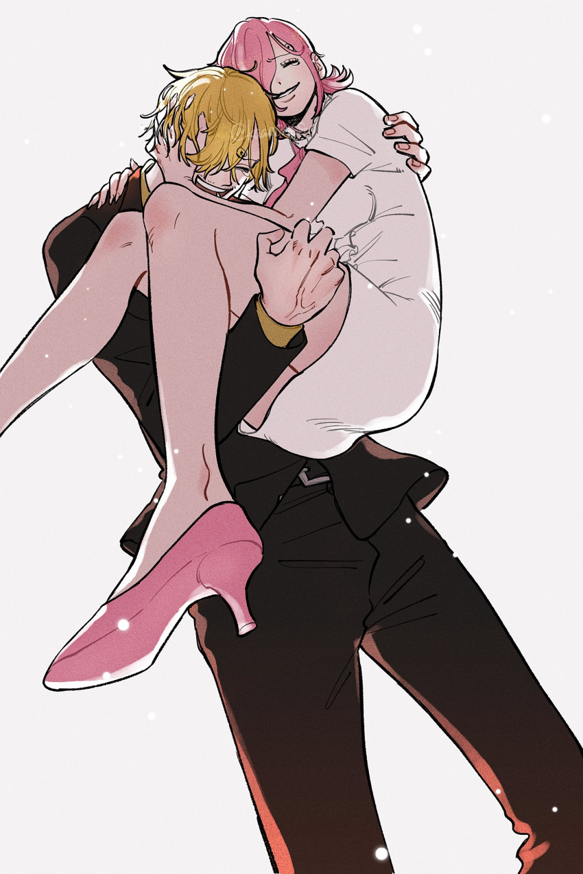 Safebooru - 1boy 1girl ^ ^ black suit blonde hair brother and sister carrying carrying person ...