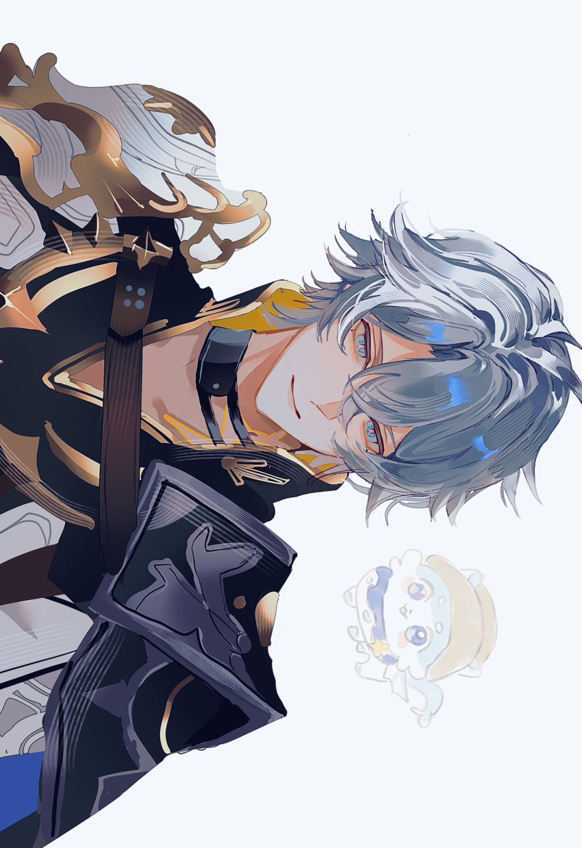 Safebooru - 1boy armor belt black choker blue eyes brown belt chest belt choker hair between ...