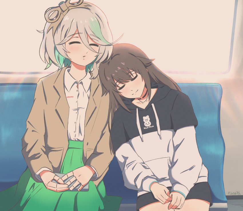 Safebooru - 2girls black skirt brown hair brown jacket casual cecilia immergreen closed eyes ...