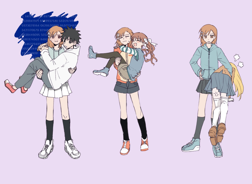 Safebooru - 1boy 3girls anger vein black hair black shorts black skirt blonde hair blue jacket ...