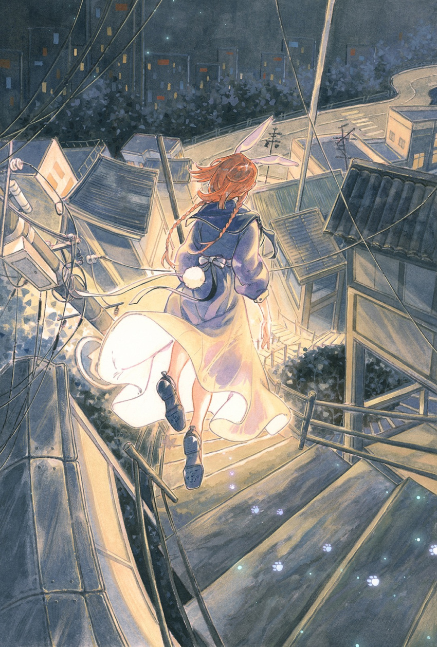 Safebooru - 1girl 9484gu animal ears black shoes blue robe braid building bush chinese ...