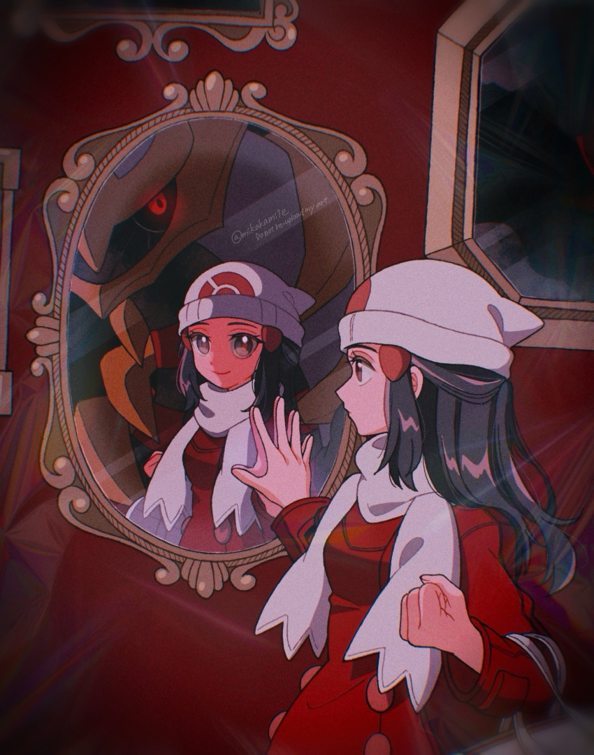 Safebooru - 1girl black hair brown eyes closed mouth coat darkrai different reflection hair ...
