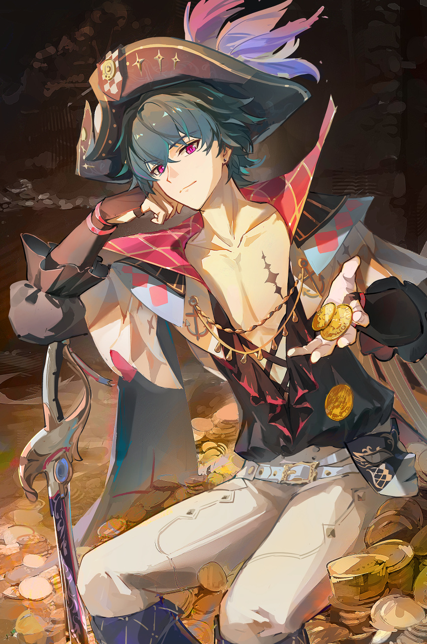 Safebooru - 1boy absurdres black hat black shirt blouse blue hair body markings brant (wuthering ...