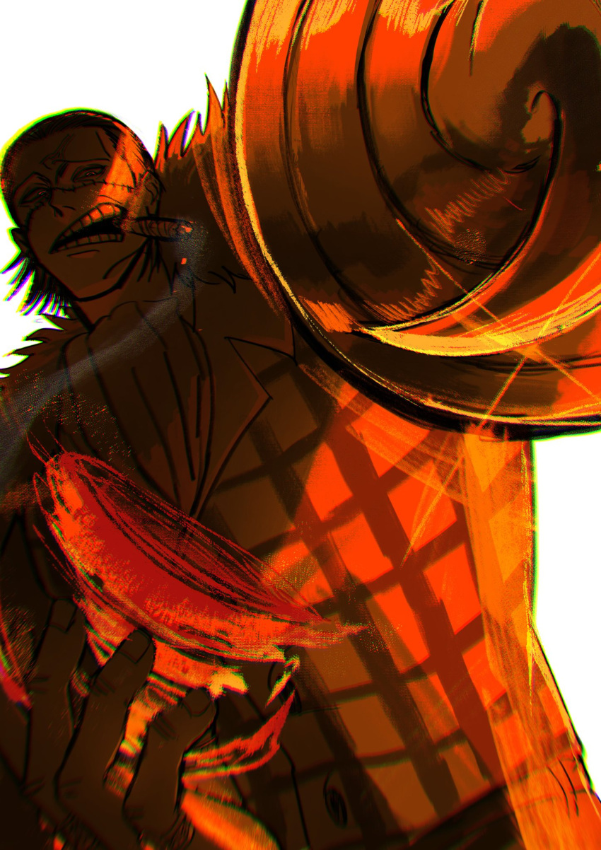 Safebooru - 1boy arm up ascot cigar cowboy shot crocodile (one piece) devil fruit power fur trim ...