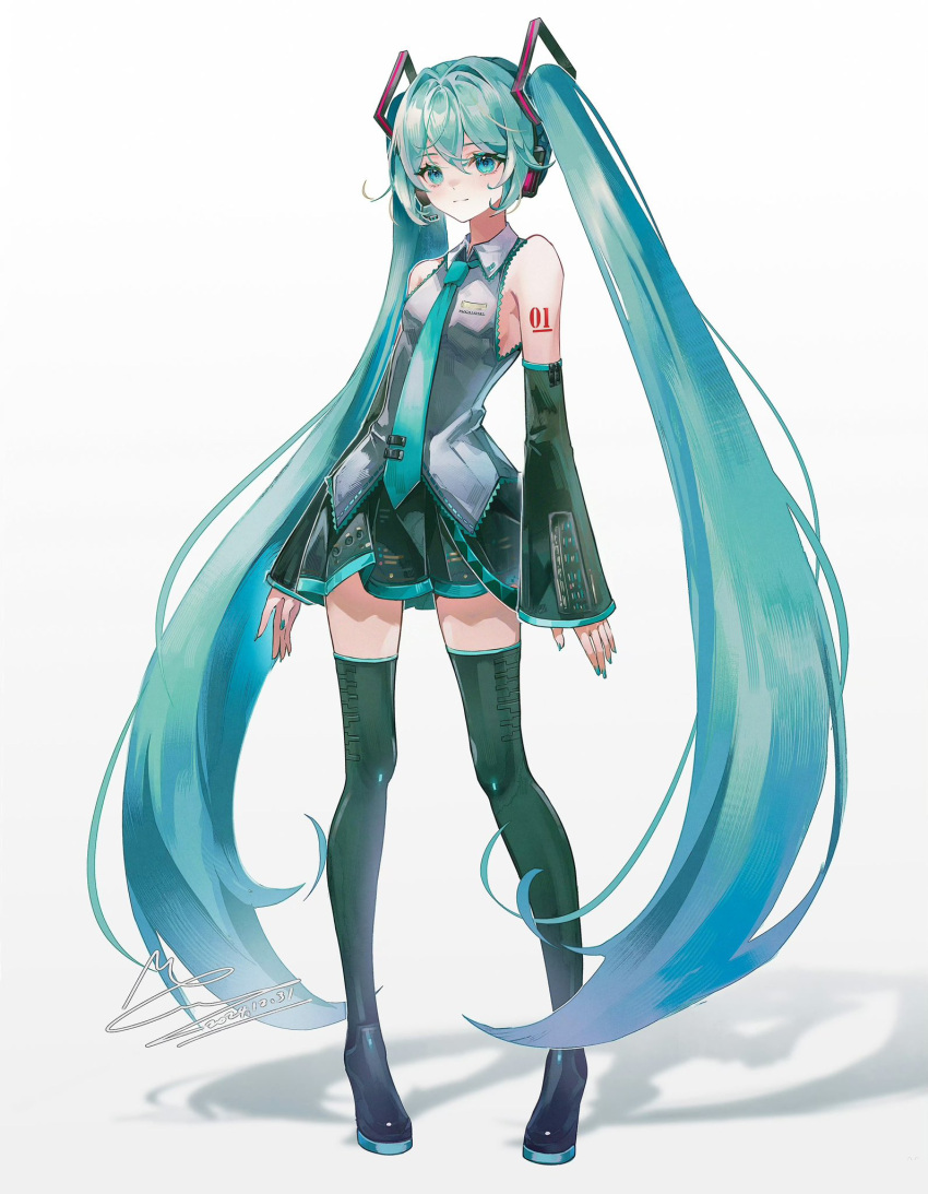 Safebooru - 1girl aqua eyes aqua hair bare shoulders black skirt black sleeves closed mouth ...