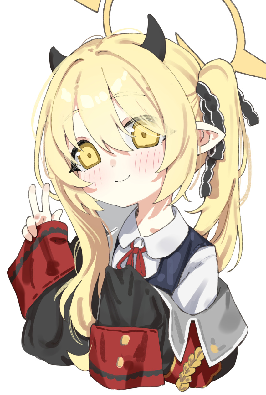 Safebooru - 1girl absurdres asymmetrical hair black coat black horns black ribbon blonde hair ...