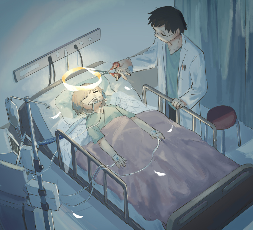 Safebooru - 2boys absurdres angel wings avogado6 bed black hair blanket ...