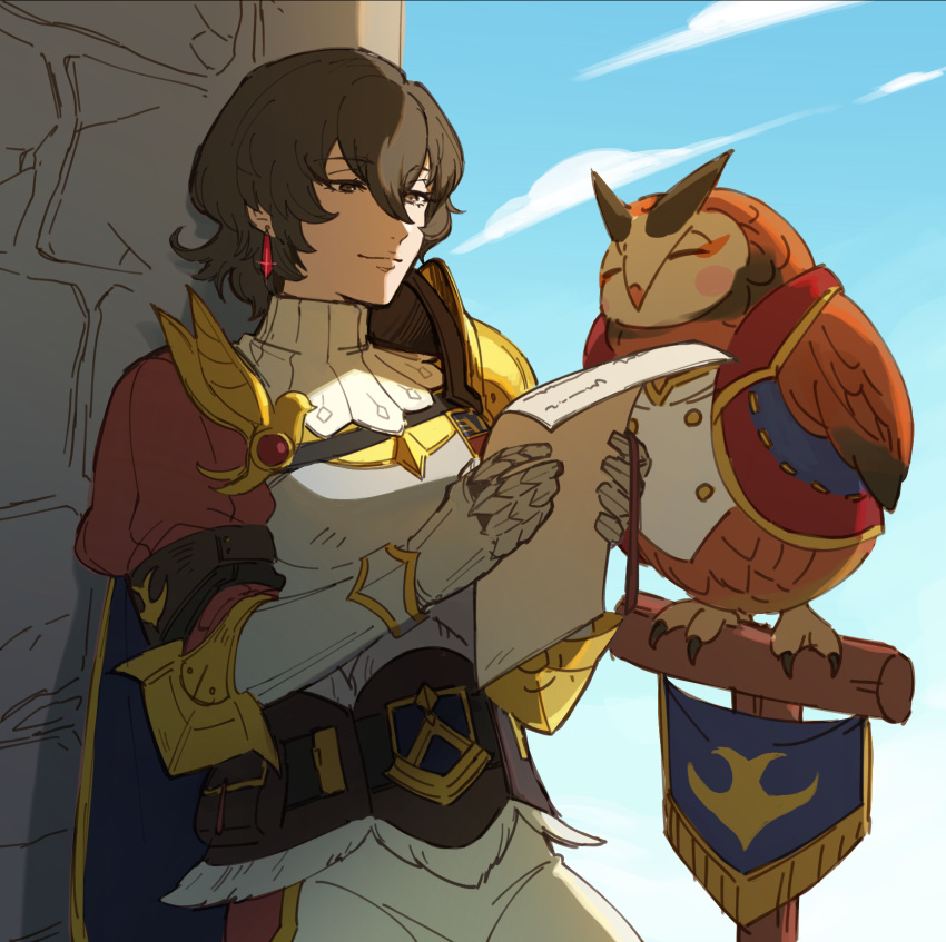 Safebooru - 1girl animal armor belt bird breastplate brown hair cohoot earrings fiorayne ...