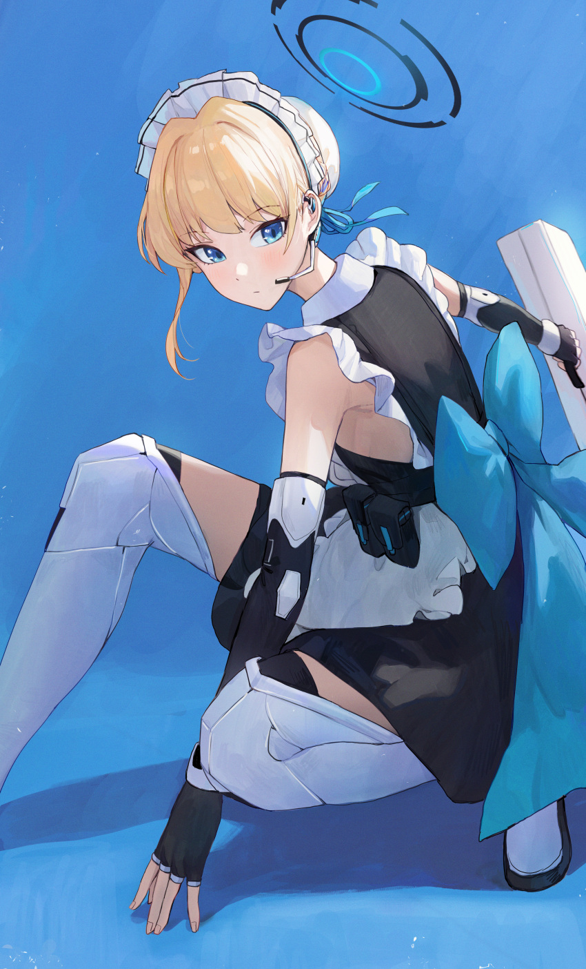 Safebooru - 1girl absurdres back ribbon black gloves blonde hair blue archive blue background ...