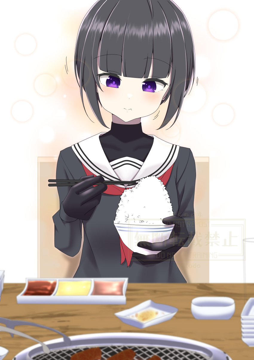 Safebooru - 1girl absurdres black hair blunt bangs bowl chopsticks commentary request commission ...