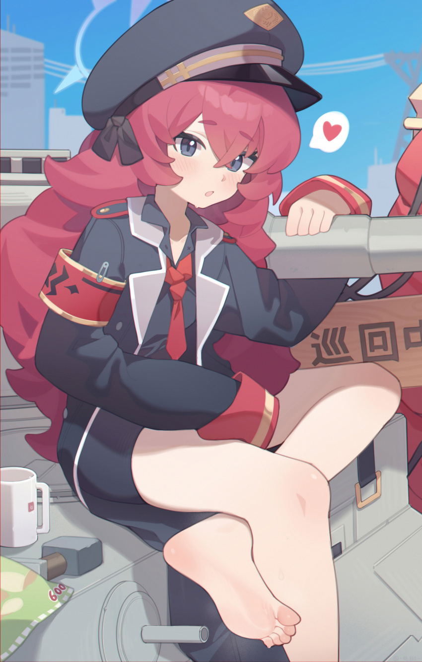 Safebooru - 1girl absurdres bare legs barefoot bei qi black hat black jacket black shirt blue ...