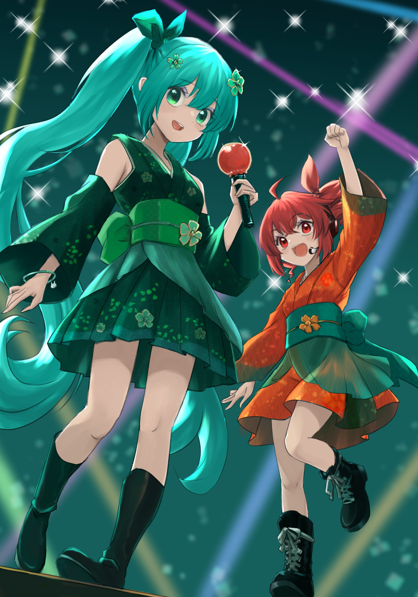 Safebooru - 2girls absurdres alternate costume aqua eyes aqua flower aqua hair aqua kimono aqua ...