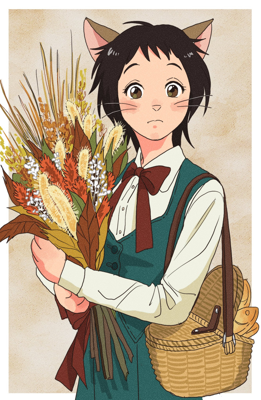 Safebooru - 1girl animal ears animal hands basket black hair bow bowtie ...