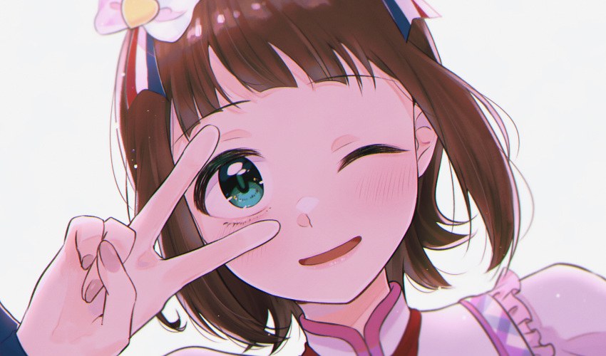 Safebooru - 1girl ;d absurdres amami haruka blunt bangs blush bow brown hair commentary request ...