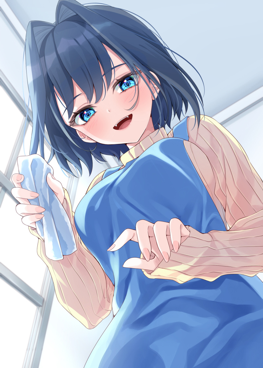 Safebooru - 1girl :d apron blue apron blue eyes blue hair breasts brown sweater commentary ...