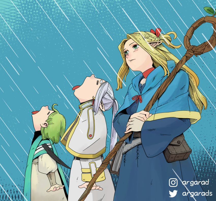 Safebooru - 3girls = = ambrosia (dungeon meshi) argarad blonde hair blue capelet blue dress ...