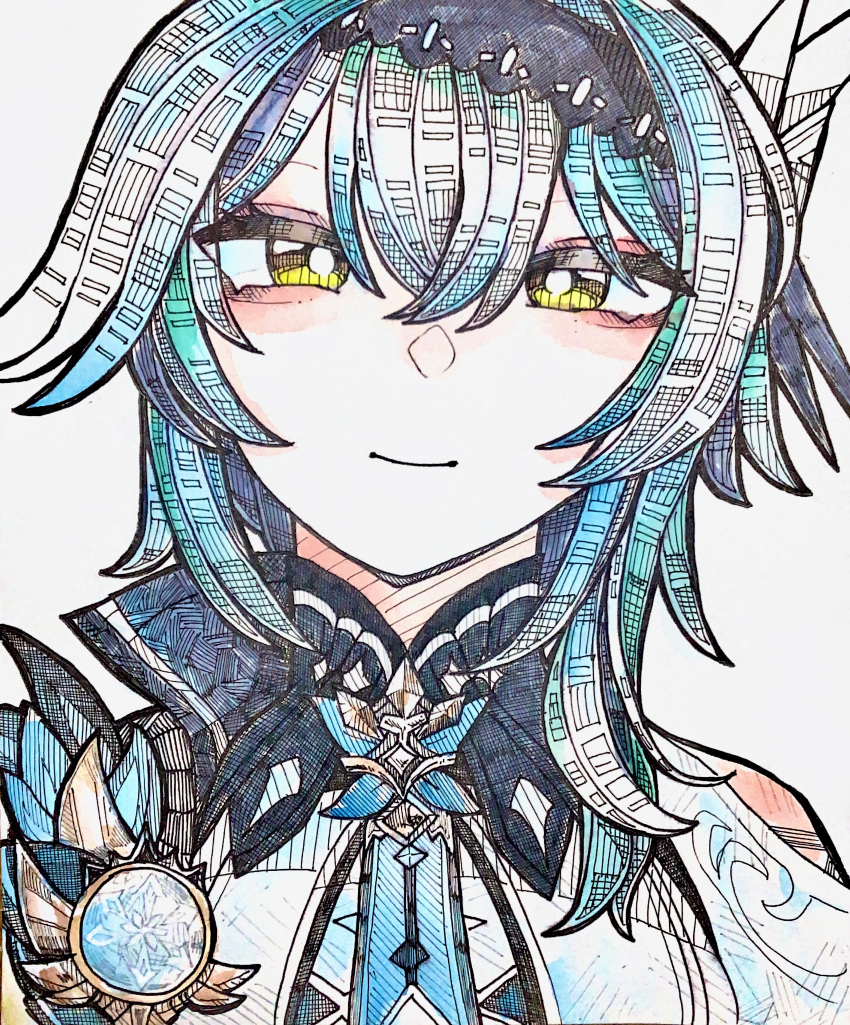 Safebooru - 1girl absurdres asymmetrical hair bare shoulders blue hair crosshatching double ...