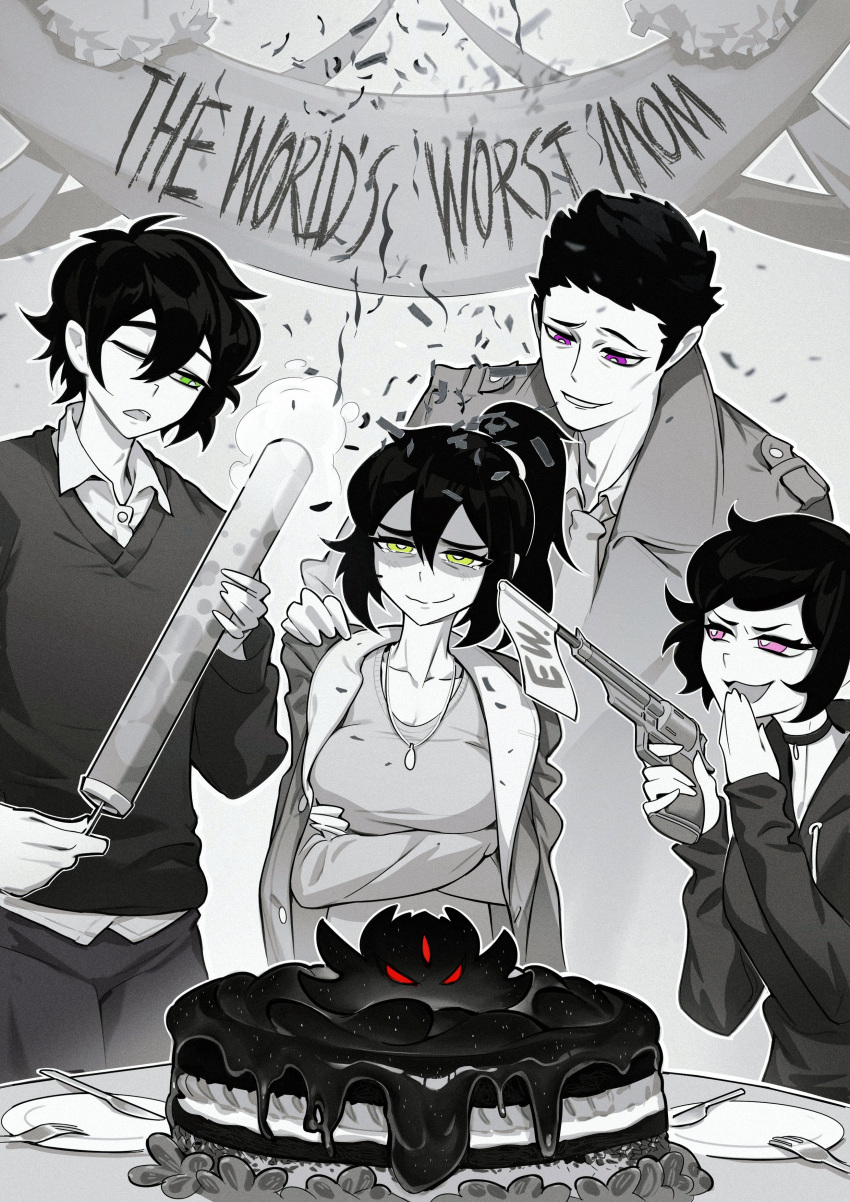 Safebooru - 2boys 2girls absurdres aierlaobo andrew graves annoyed ...