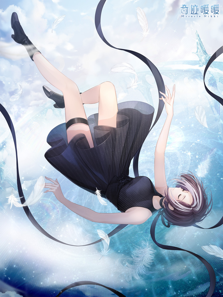 Safebooru - 1girl artist request bare legs black boots black dress black ribbon blue sky boots ...
