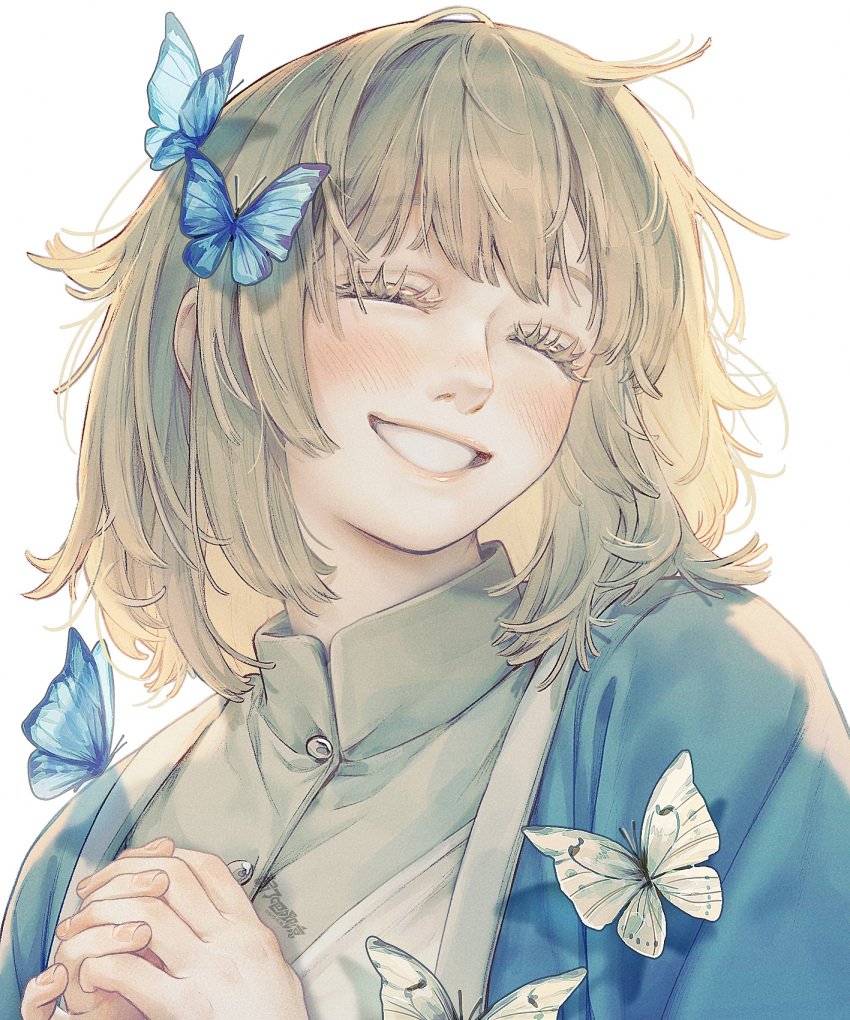 Safebooru - 1girl ^ ^ blue butterfly blue coat blunt bangs blush bug butterfly closed eyes coat ...