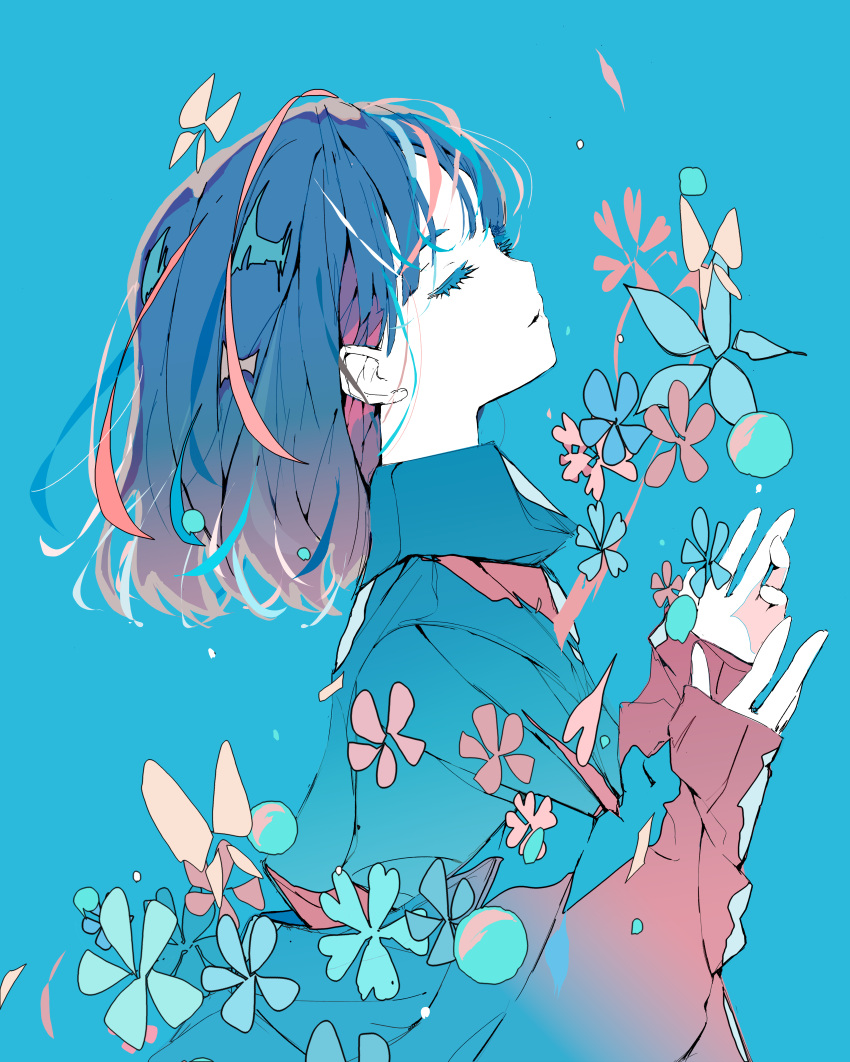 Safebooru - 1girl absurdres blue background blue hair blue theme closed eyes flower highres long ...