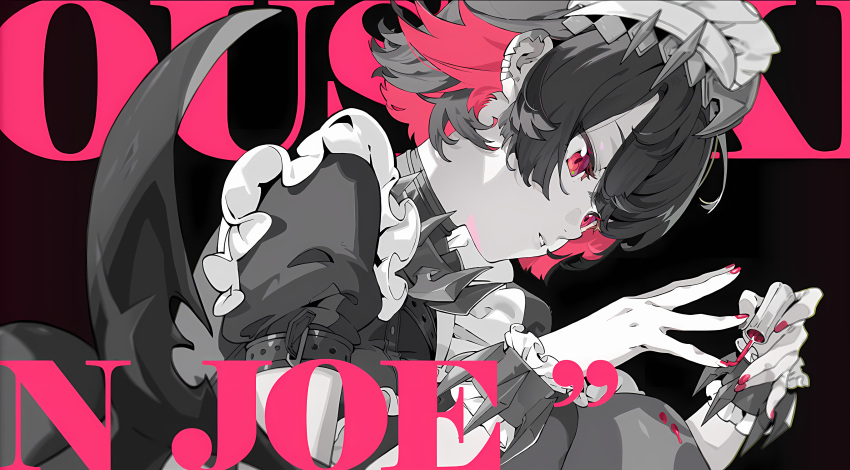 Safebooru - 1girl absurdres apron arm belt black background black hair collar colored inner hair ...