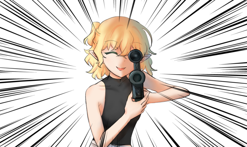 Safebooru - 1girl absurdres aiming aiming at viewer black shirt blonde hair breasts closed eyes ...