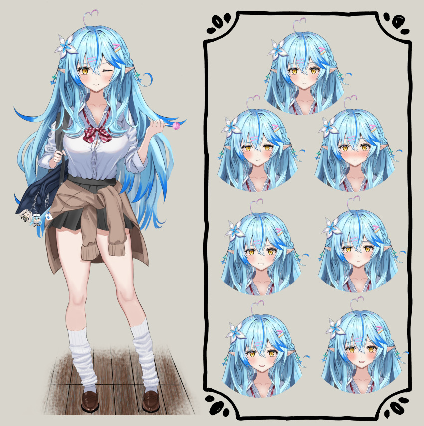 Safebooru - 1girl absurdres ahoge black skirt blue hair blush breasts brown background candy ...