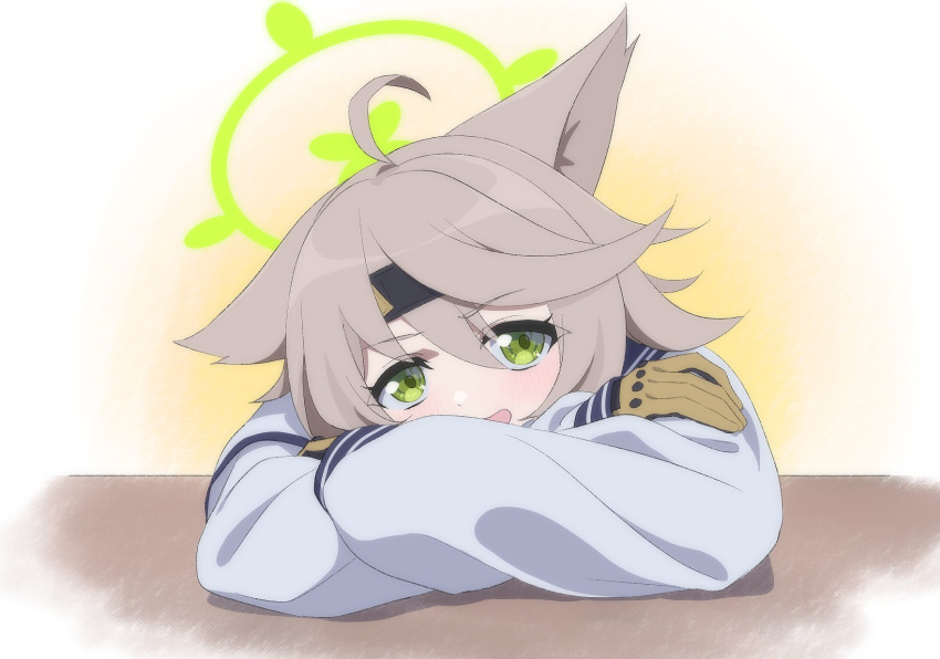 Safebooru - 1girl ahoge animal ears blue archive brown gloves brown hair crossed arms fox ears ...