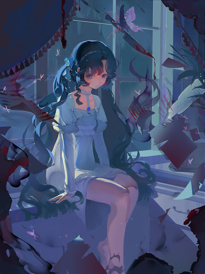 Safebooru - 1girl absurdres against window aged down ambiguous red liquid barefoot black hair ...